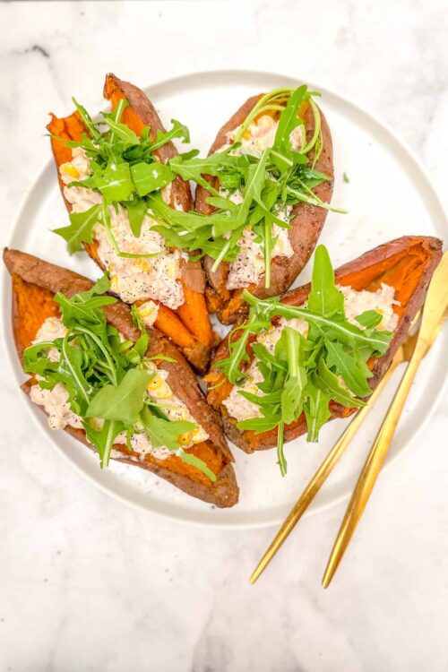 Microwaved Sweet Potato With Tuna Salad | Baked Bree